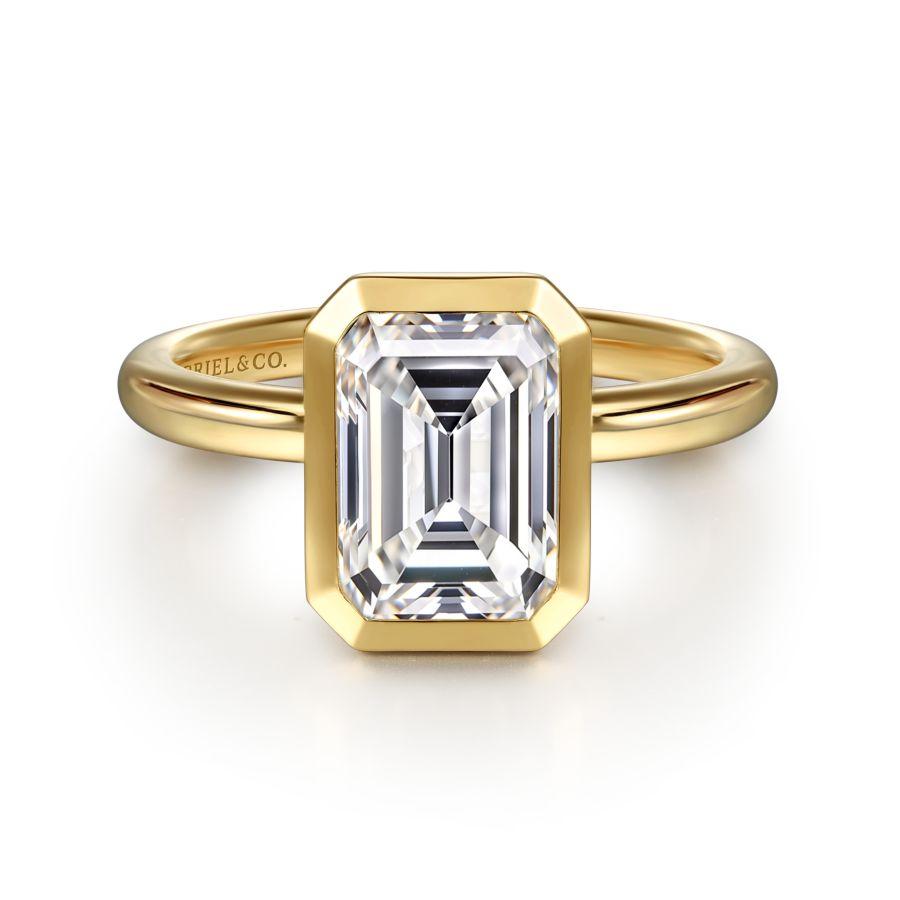 14K Yellow Gold Emerald Cut Bezel Set Diamond Engagement Ring Mounting
