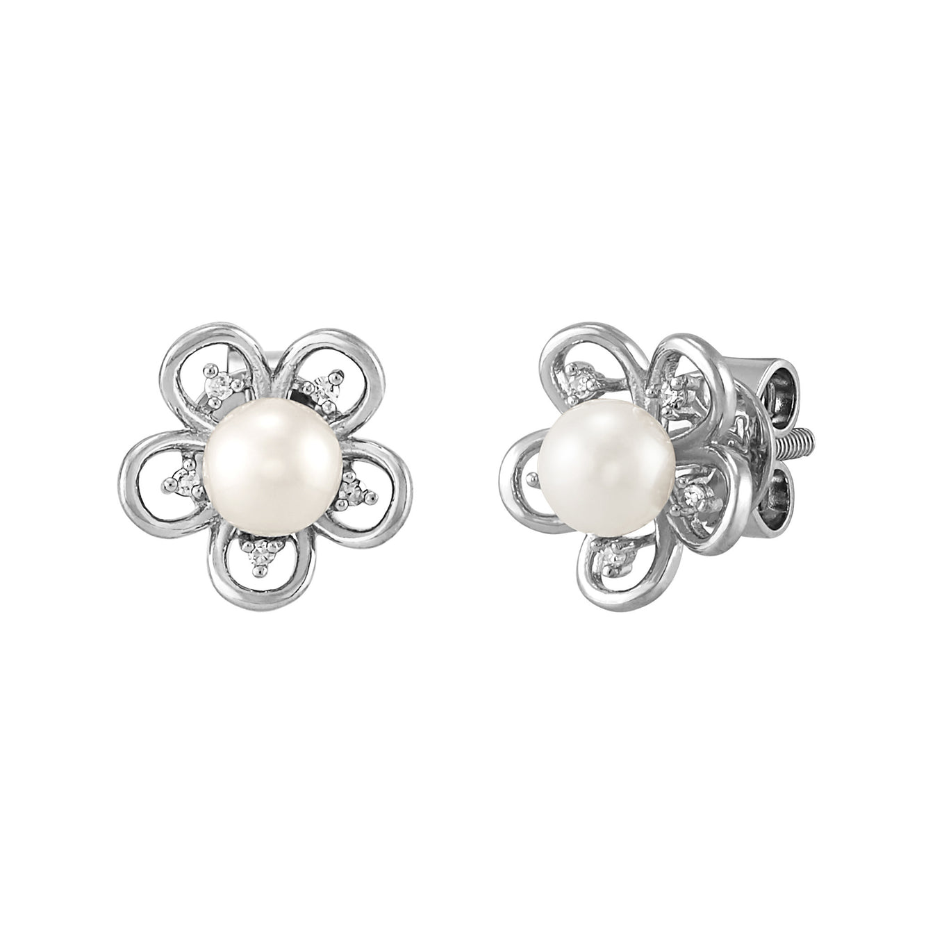 SS (ER)PEARL FLOWER STUDS W/DIAMONDS