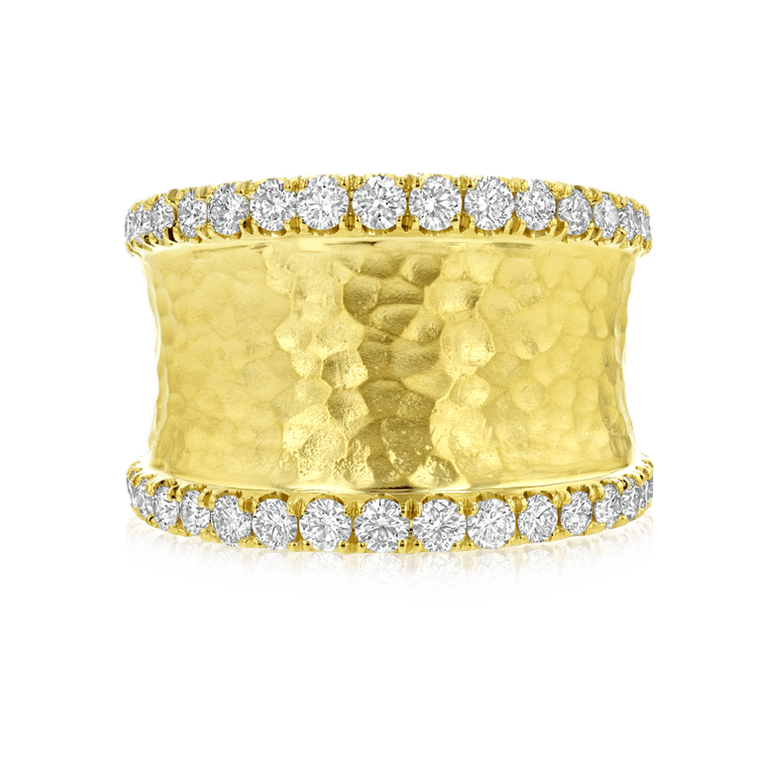 Concave Hammered Gold Ring with Diamond Trim